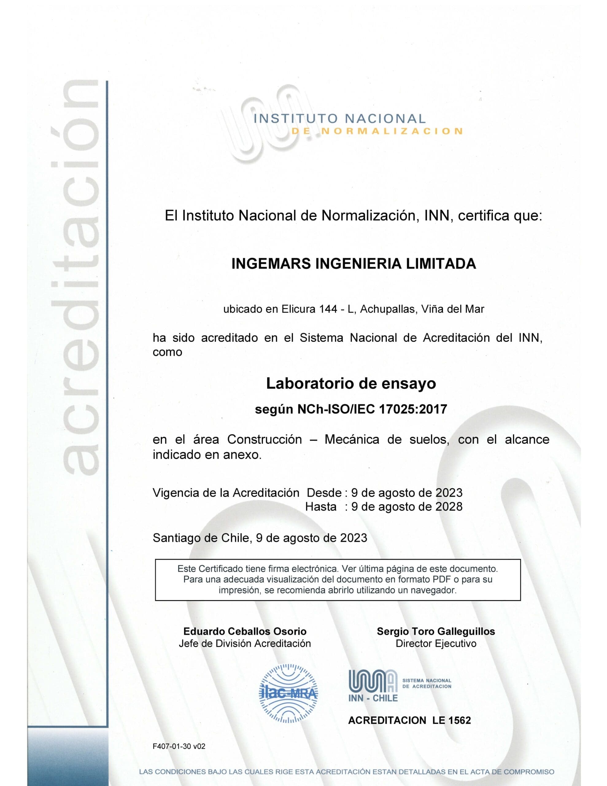 Certificado de Acreditación NCh-ISO/IEC 17025:2017 Mecánica de Suelo ...