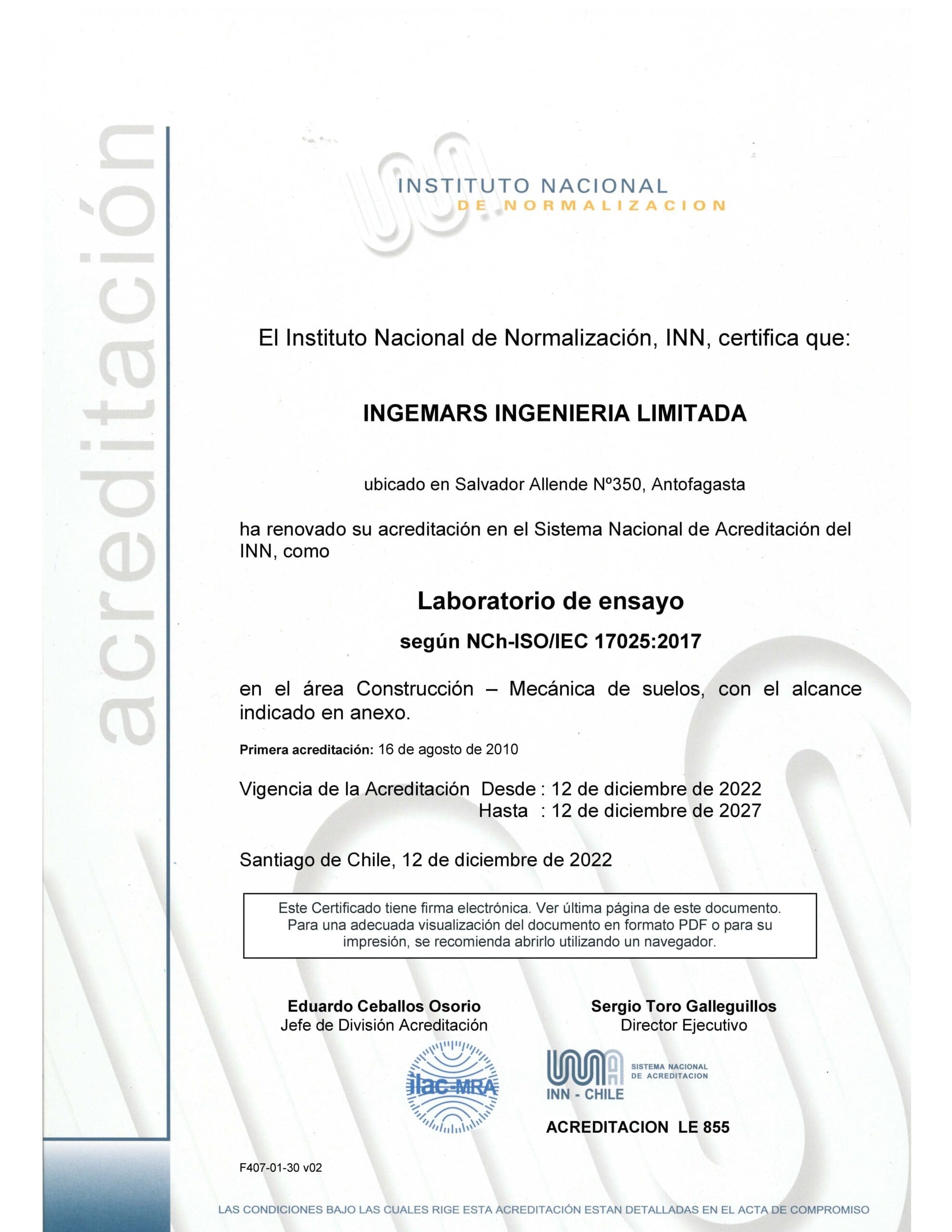 Certificado de Acreditación NCh-ISO/IEC 17025:2017 Mecánica de Suelo ...