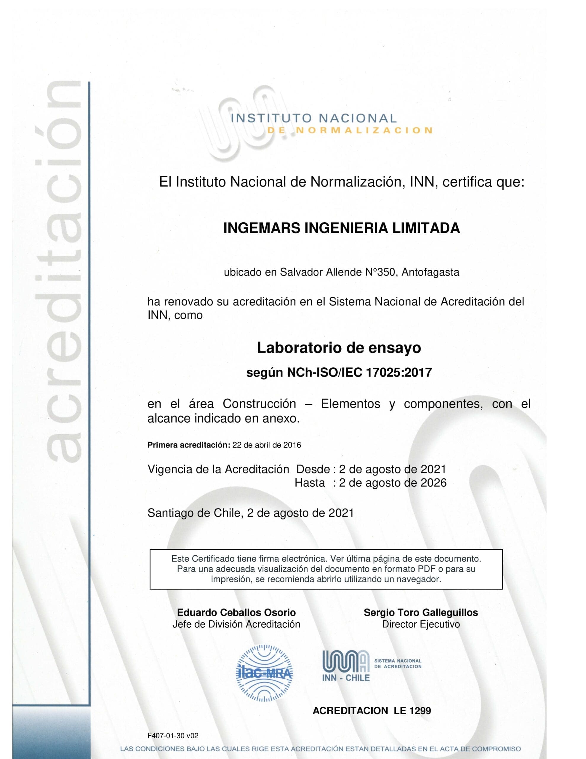 Certificado de Acreditación NCh-ISO/IEC 17025:2017 Elementos y ...